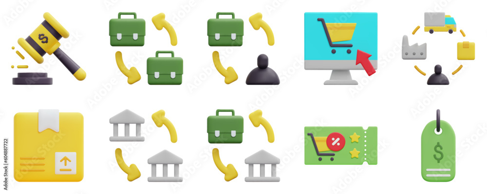 Ecommerce 3d vector icon set. Auction, b2b, b2c, b2g, box, g2g, gift ...