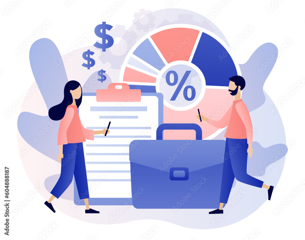 Investment portfolio. Tiny people with stock portfolio planning invest ...