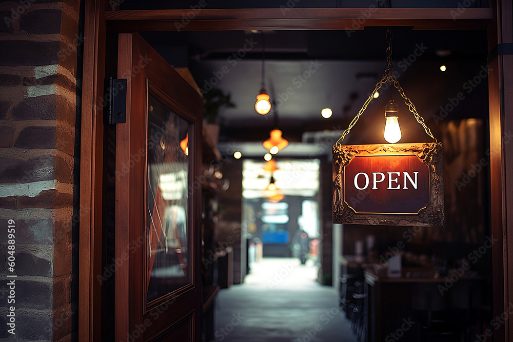 Open sign hanging front of cafe .Vintage tone filter effect color style ...