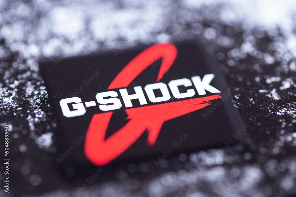 Casio G-Shock logo metal box closeup. G-Shock is a line of watches ...