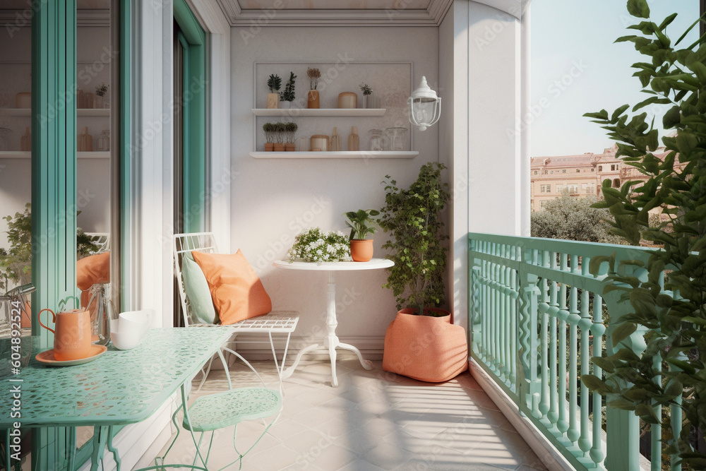 Modern cozy balcony, classic interior design with light coral, green ...