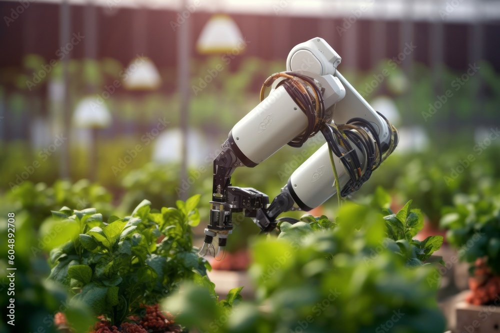 Robotic arm in action on a high-tech agriculture farm. Concept ...