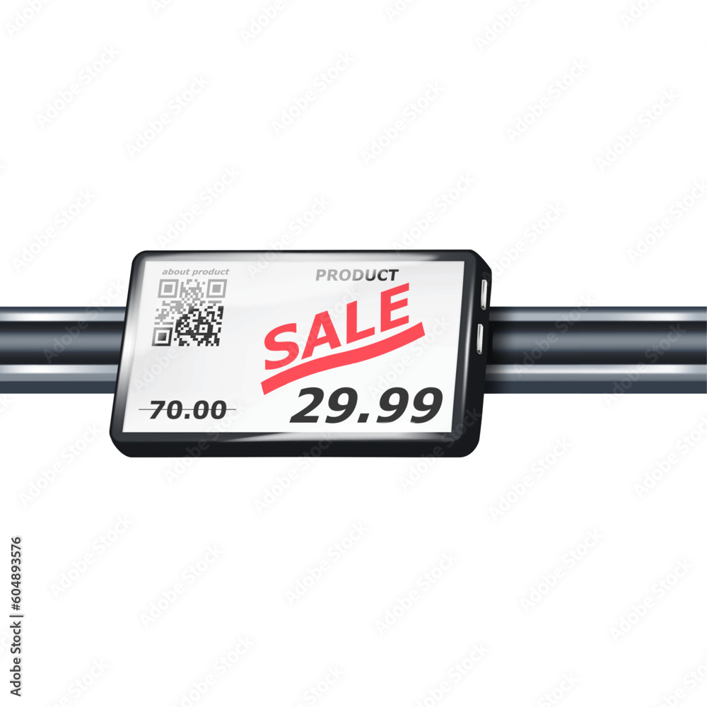 Electronic shelf label on rail realistic vector mockup. E-paper display ...