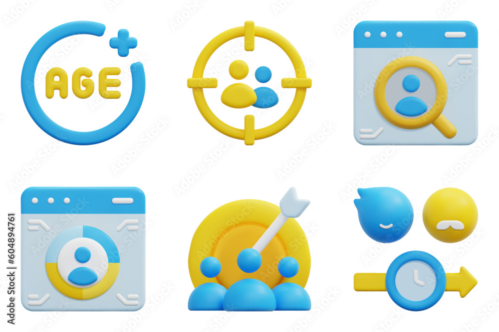 Market research 3d vector icon set. Age, audience, consumer research ...