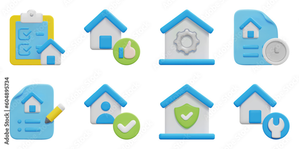 Rental property 3d vector icon set. Checklist, choice, management ...