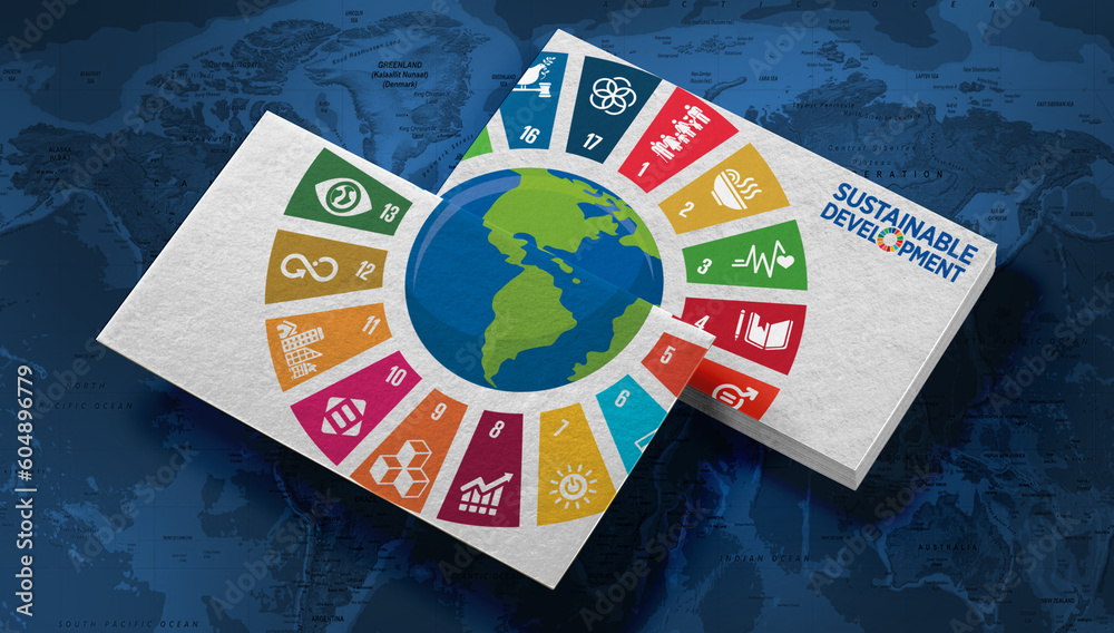 Sustainable Development 17 goals card, icon, Wheel and world map in ...