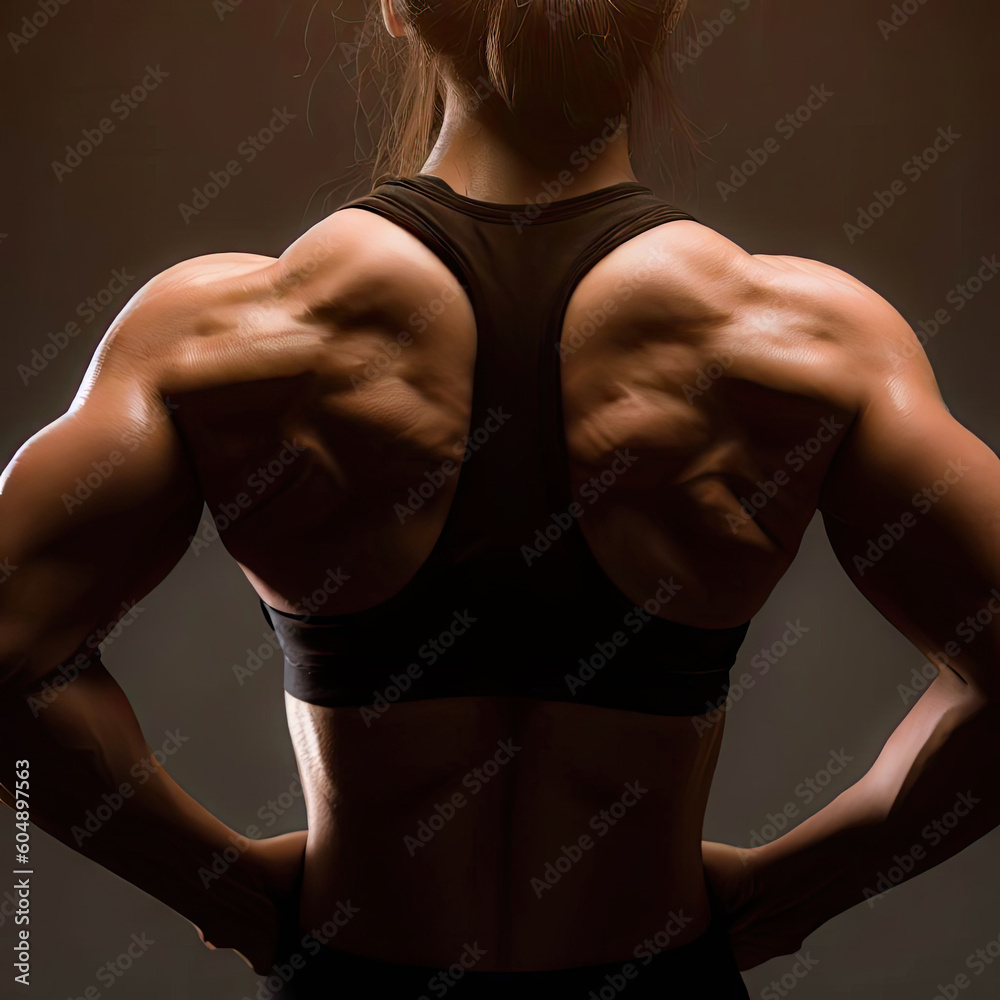 Behind the scenes of a female bodybuilder showing off her back muscles.Generative AI Stock ...