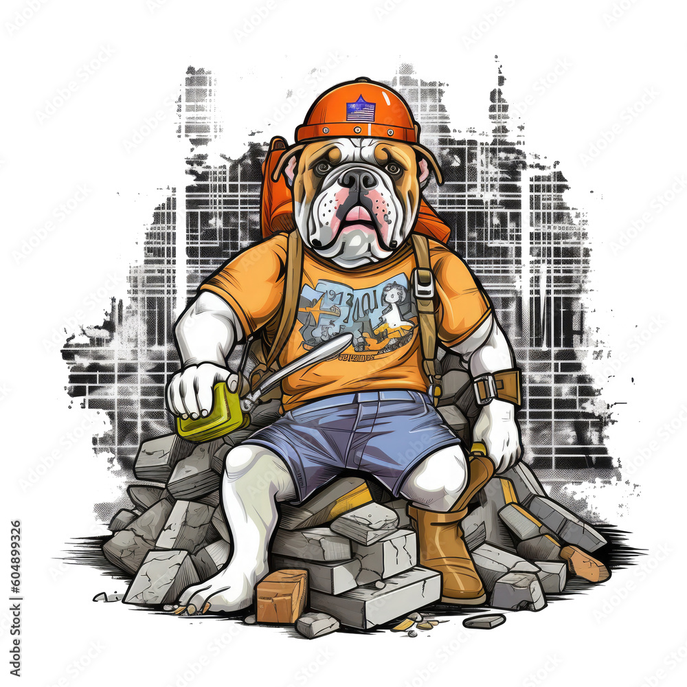 An English Bulldog dressed as a construction worker, wearing a hard hat ...