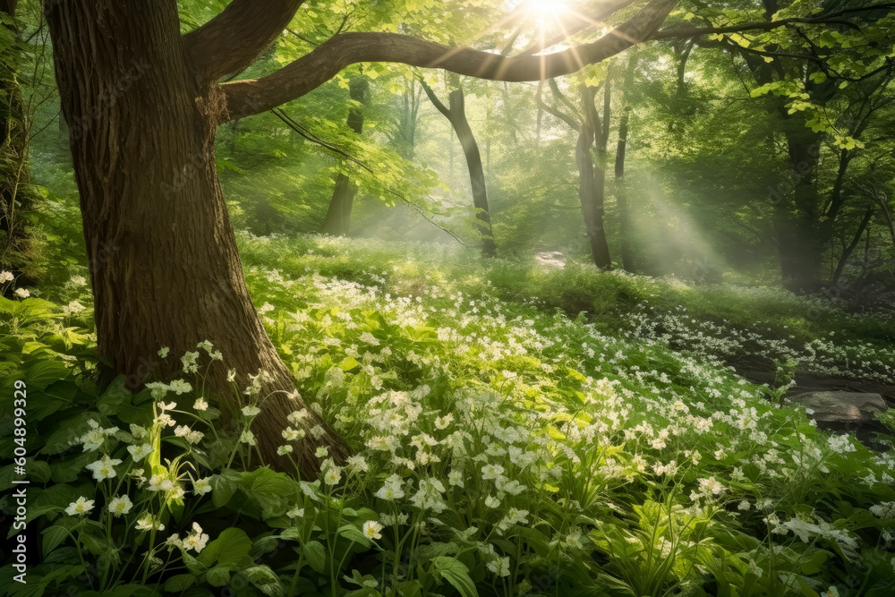 Sunshine on trees in a forest, flowers and nature motifs, naturalistic ...