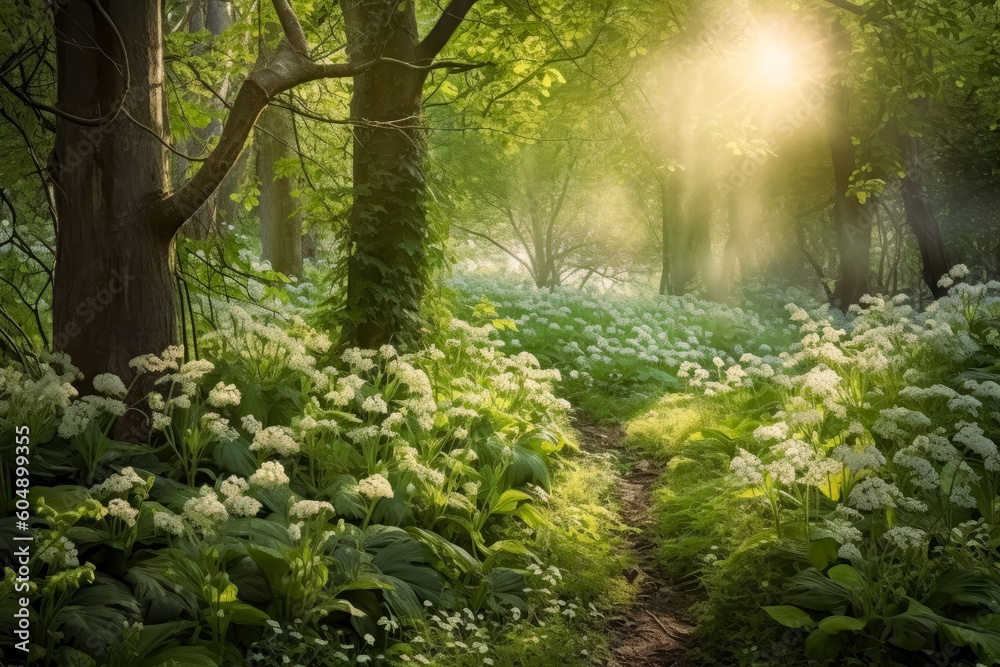Sunshine on trees in a forest, flowers and nature motifs, naturalistic ...