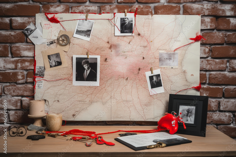 Detective board with fingerprints photos map and clues connected by red ...