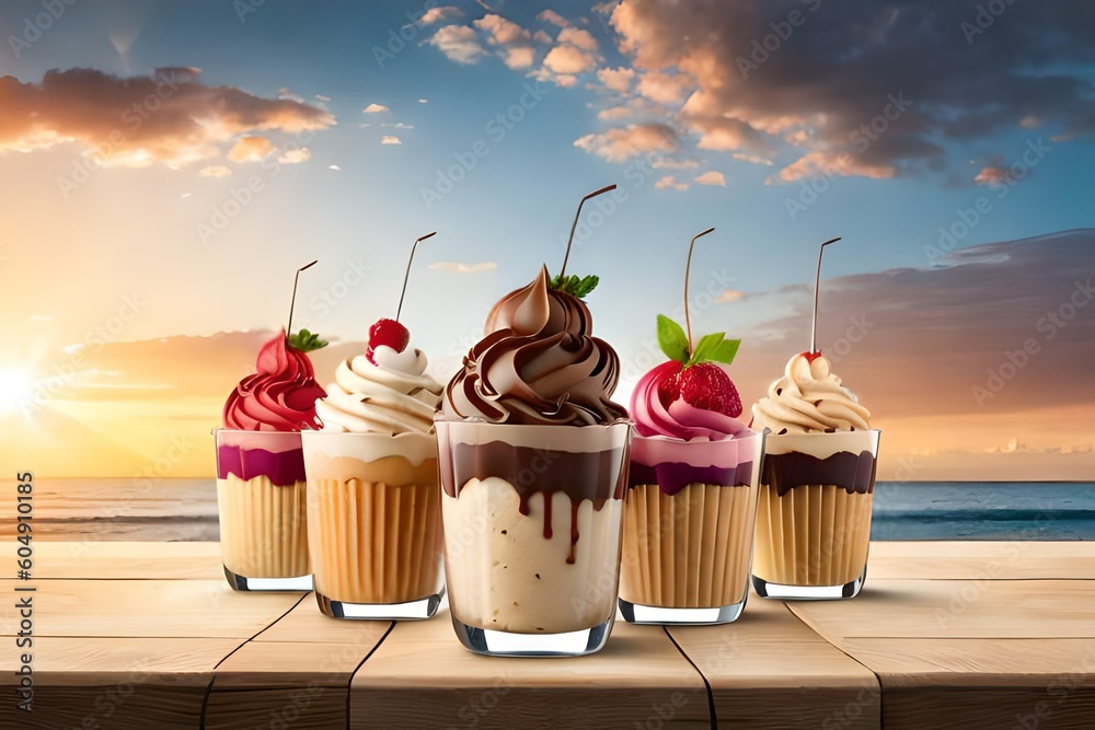 beautiful happy birthday cake designs and ice creams cups generative ai ...