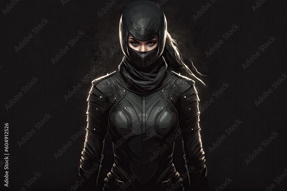 Ninja woman in full bodysuit isolated black background. Concept of ...