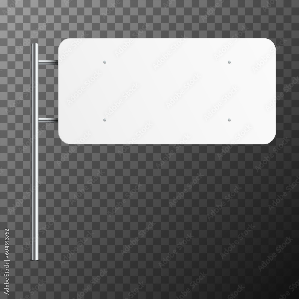 Realistic white road sign hanging on side metal pole. Rectangular blank ...