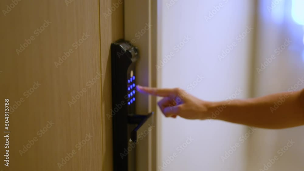 Hand press PIN number for smart digital door lock while open or close ...
