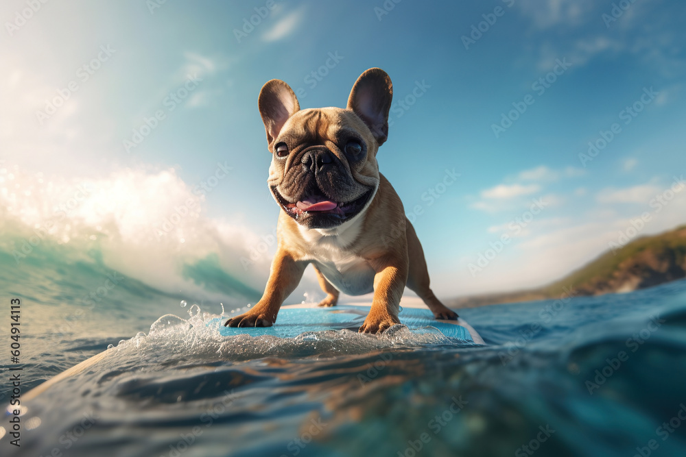 Image of a French bulldog surfing on a pink surfboard at the beach on a ...