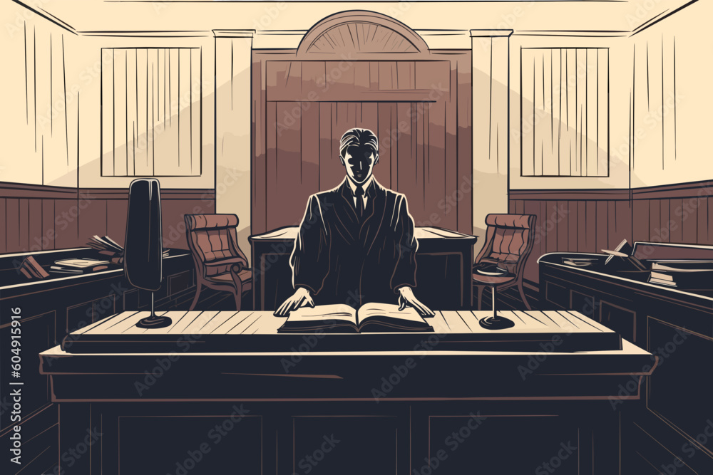 Doodle inspired Judge at courtroom, cartoon sticker, sketch, vector ...