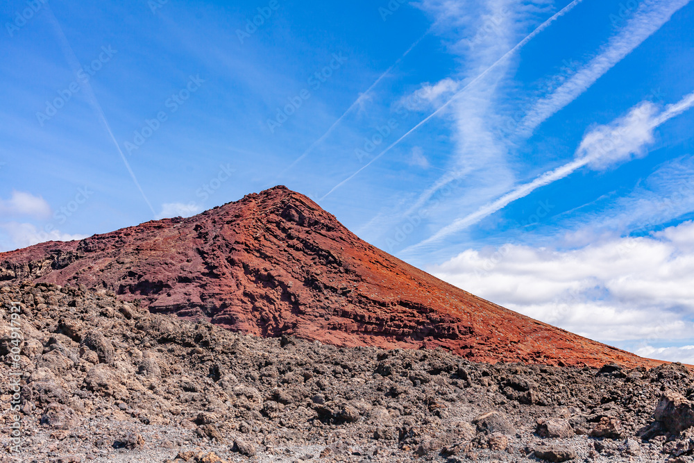 Lava of an extinct volcano in a valley on the Canary Island. Volcanic ...