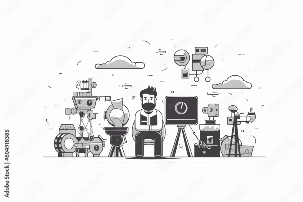 Doodle inspired Director at movie set, cartoon sticker, sketch, vector ...