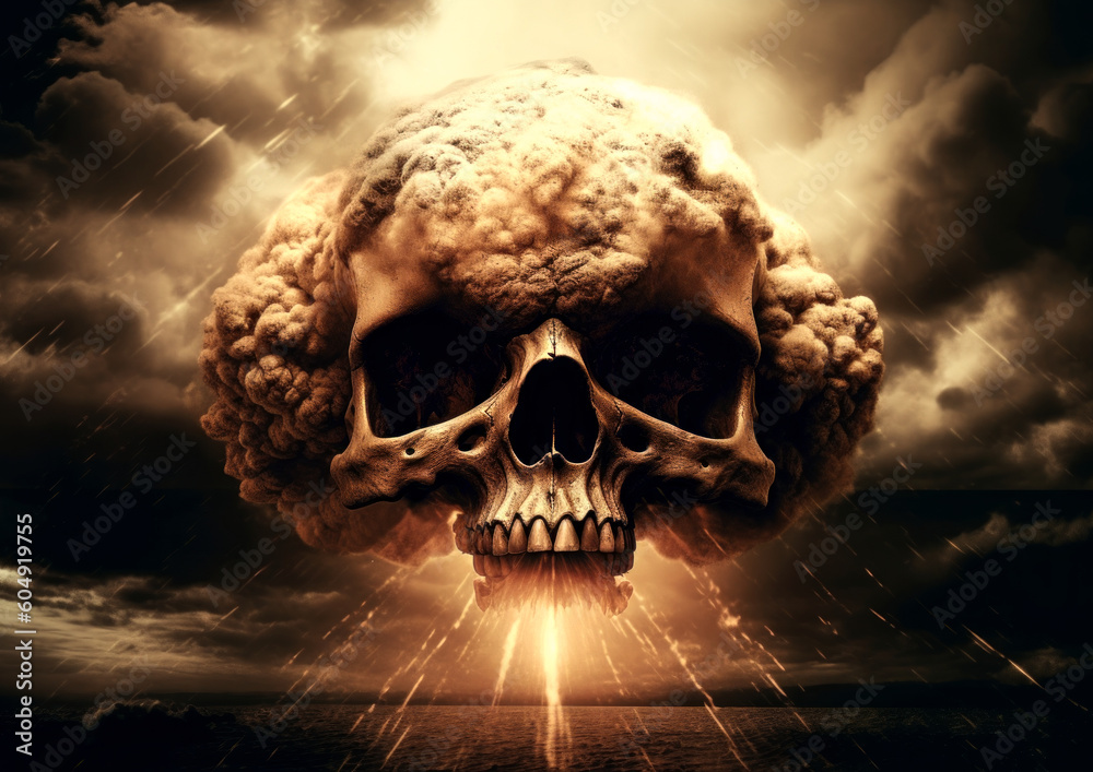 nuclear explosion blast mushroom cloud in shape of a skull . Generative ...