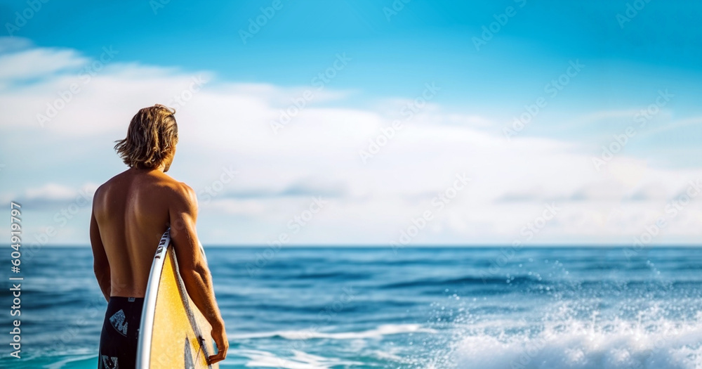 Happy guy in beachwear holding a surfboard. Surfer back view, looking ...