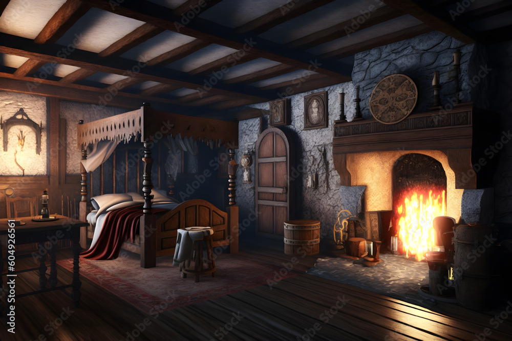 Fantasy interior of a medieval bedroom with traditional decorations and ...