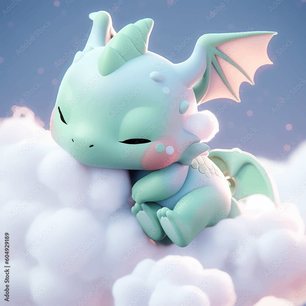 Super cute little baby dragon is sleeping on the clouds. Fantasy ...