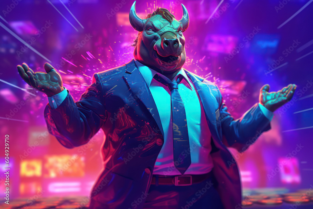 Trader business man suit with bull head sit at office background ...