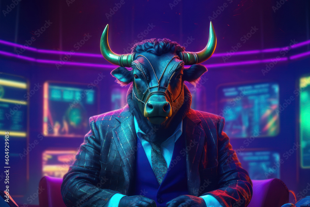 Trader business man suit with bull head sit at office background ...