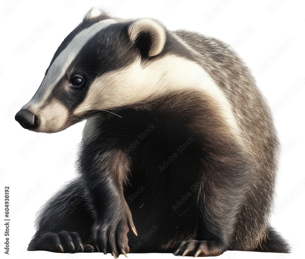 Front view of sitting badger isolated on a white background as ...