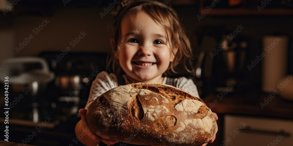 A young child proudly showing off their first successful loaf of bread ...