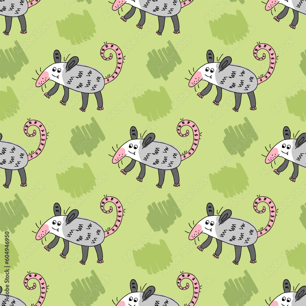 Doodle seamless pattern with american opossums and spots. Perfect print ...