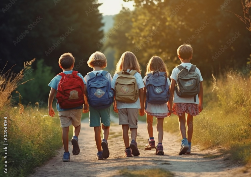 Little kids schoolchildren pupils students go to the school building ...