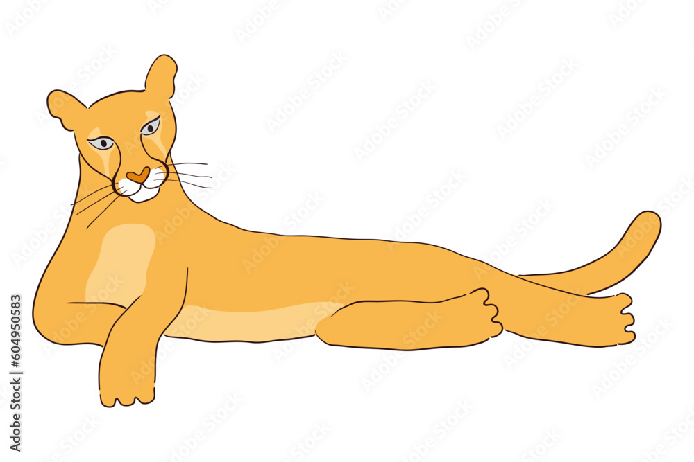 Cute Cougar Laying Down Hand Drawn Cartoon Character Illustration Sketch Line Art Drawing
