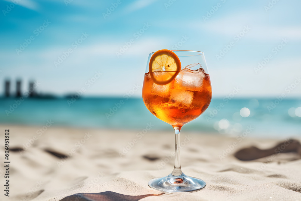 Aperol spritz on a white sandy beach with a sea view and space for text ...