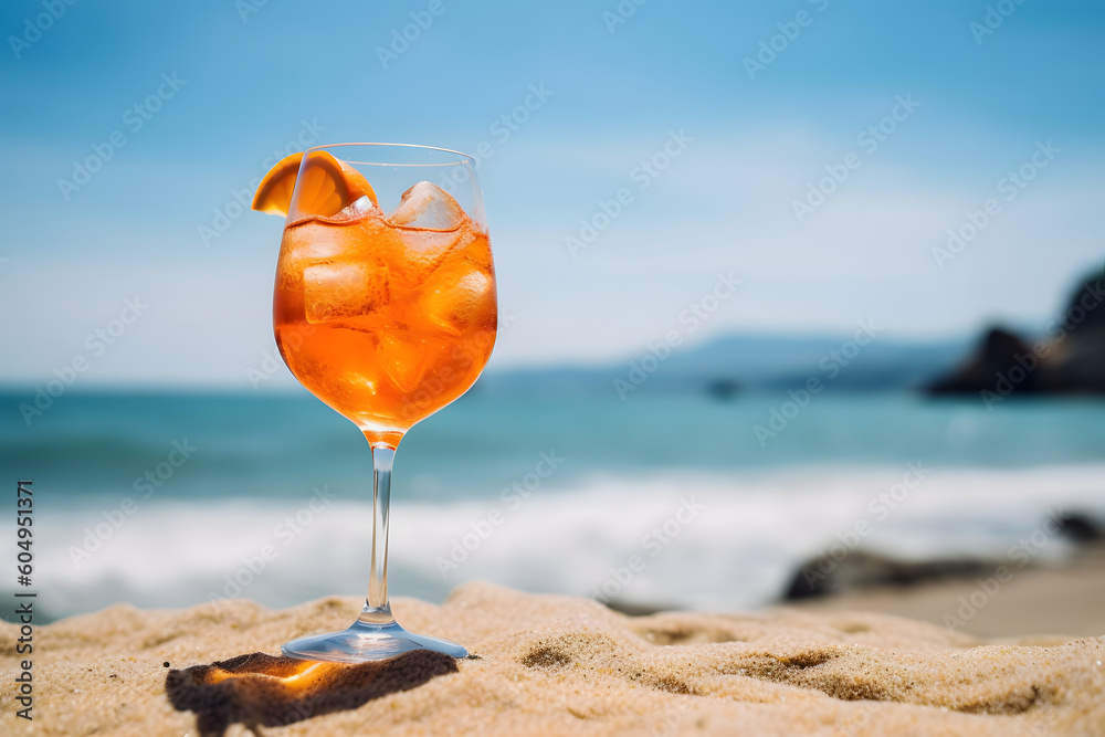 Aperol spritz on a white sandy beach with a sea view and space for text ...