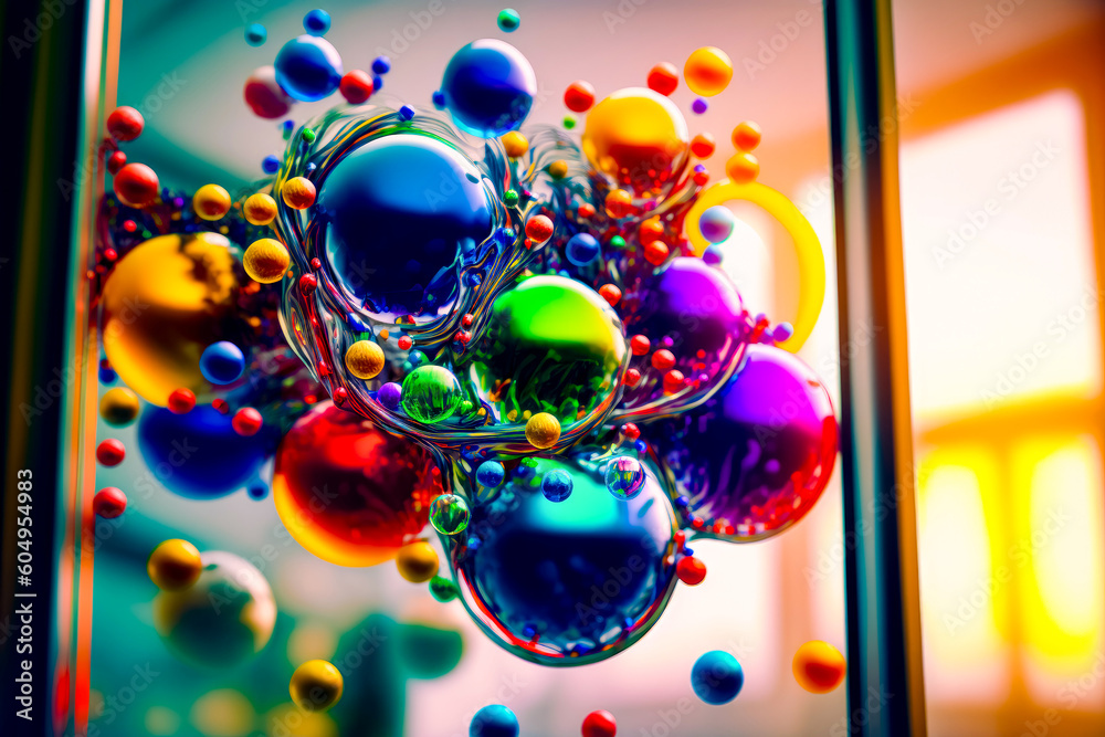 Bunch of different colored bubbles floating in glass vase with window in the background ...