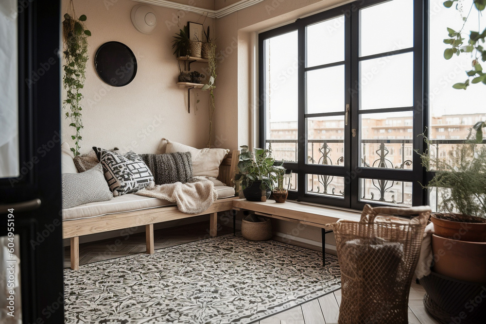 Modern cozy balcony, classic interior design with beige, brown and ...