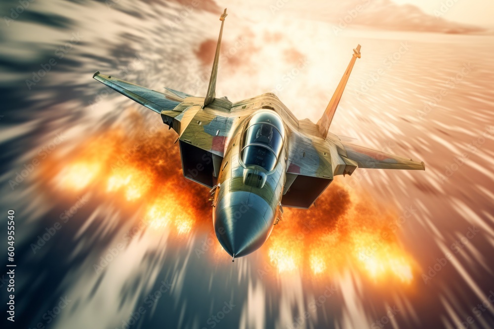 Fighter jet soaring through the sky at high speed, with the ...