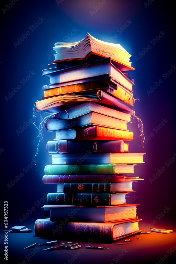 Stack of books sitting on top of each other on top of table. Generative ...