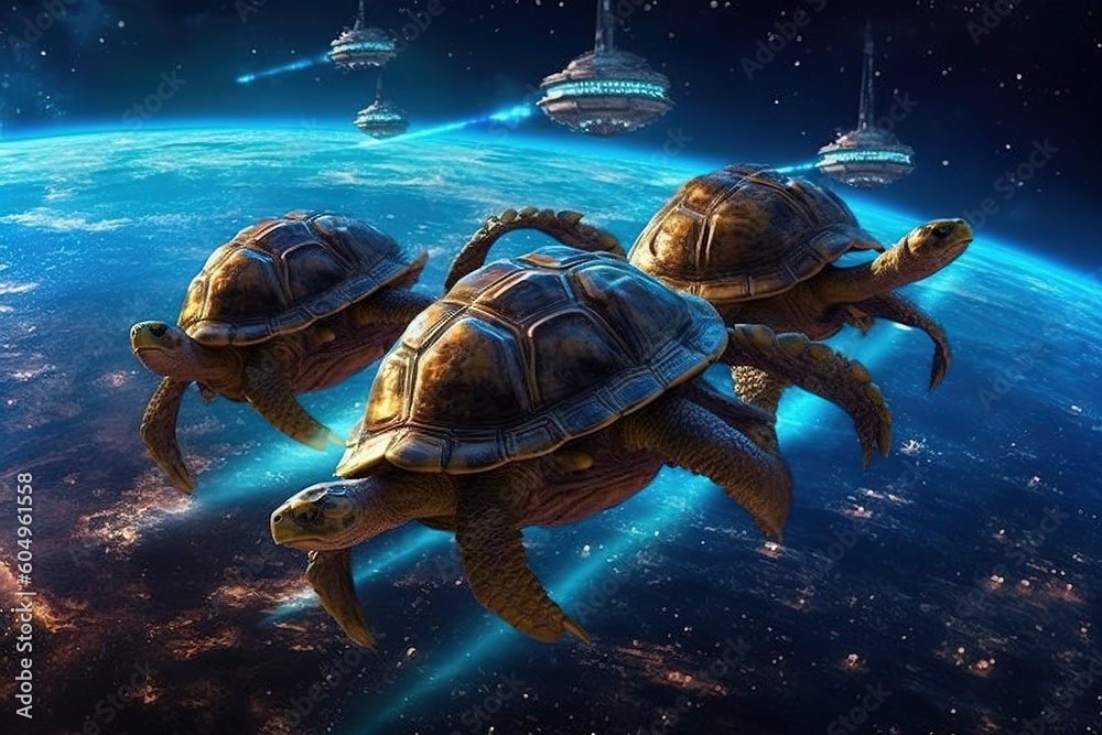 ภาพประกอบสต็อก space turtles, their sleek shells equipped with high ...