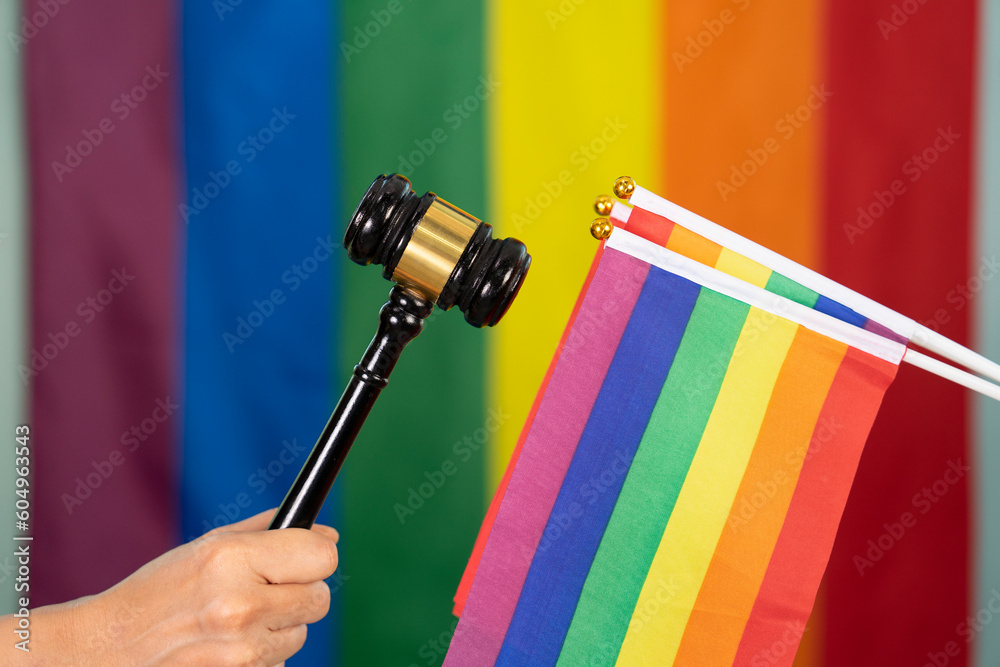 hand of gay pride holding wood gavel or judge hammer, and holding lgbt ...