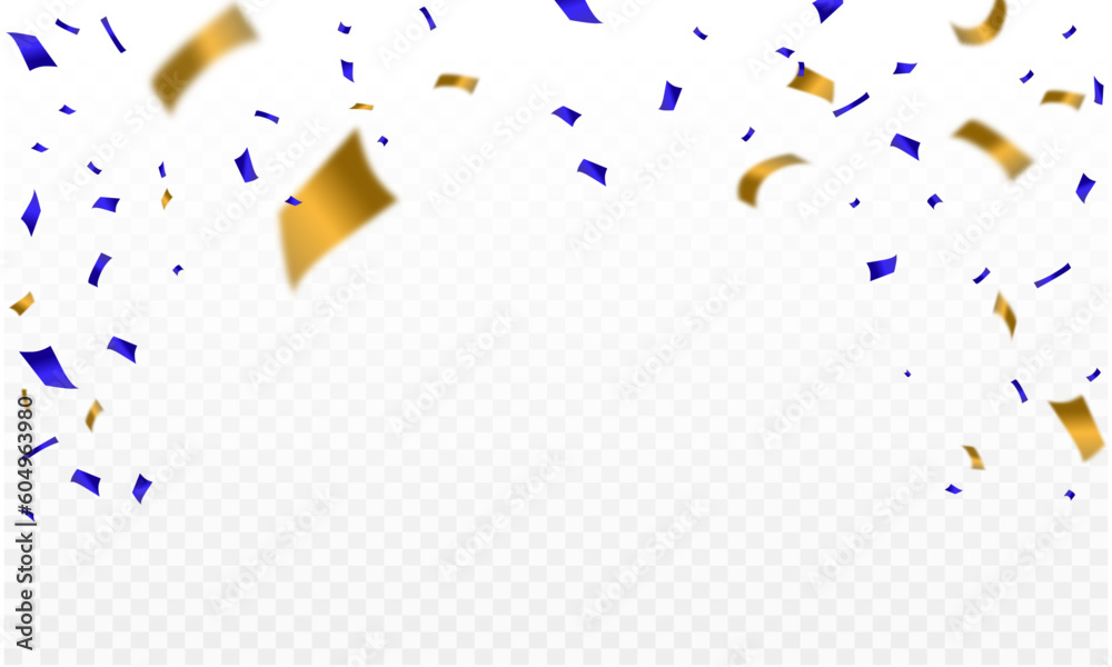 Gold and blue confetti and ribbon background, isolated on transparent ...