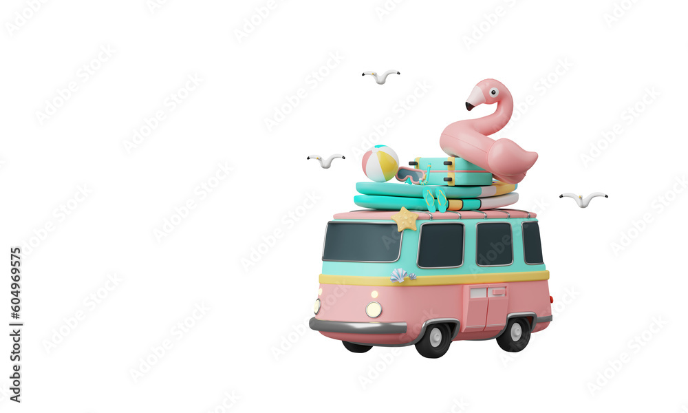 Summer pink vacation beach with Minimal travel van bus, surfboard ...