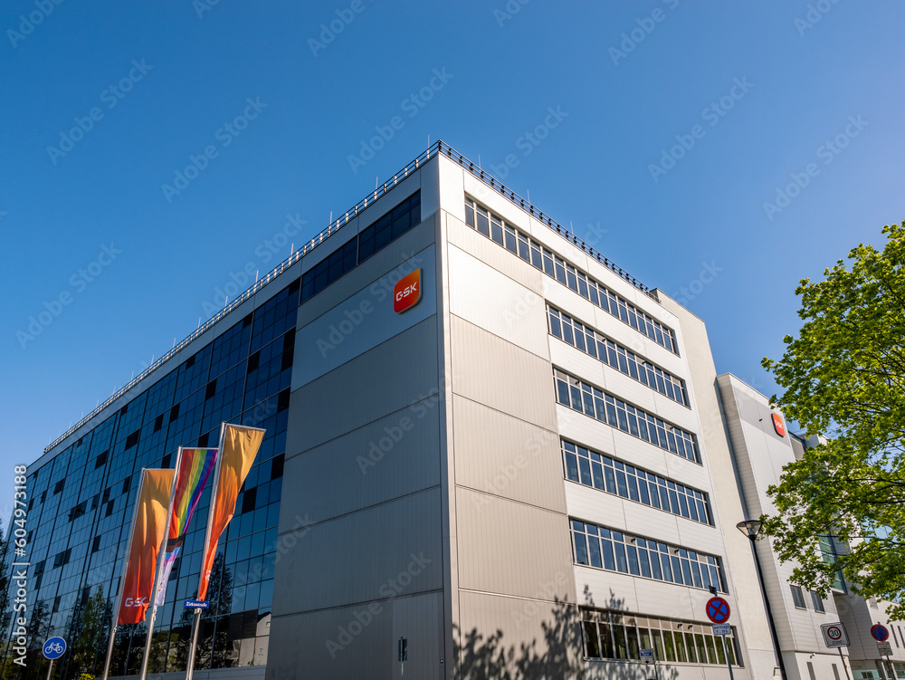 Building exterior of the pharmaceutical company GSK in Saxony. Modern ...