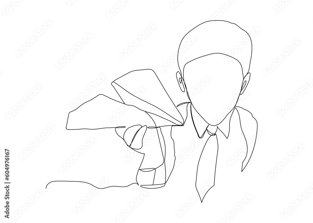 continuous line drawing of a little boy flying with plain. Happy boy ...