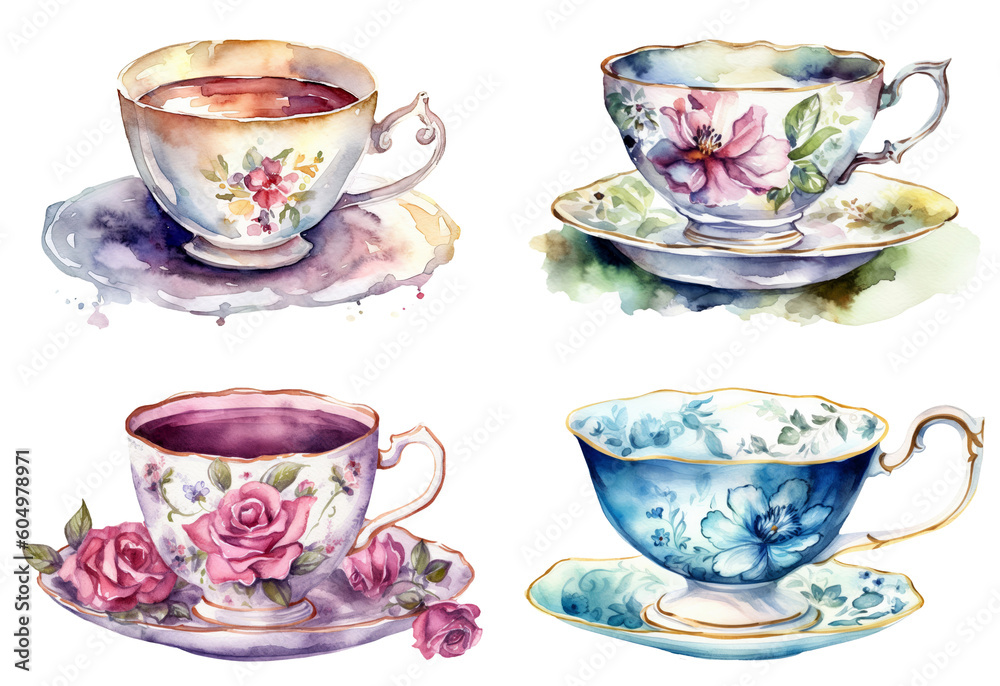 Watercolor set of Tea or coffee cups isolated on clear png background ...