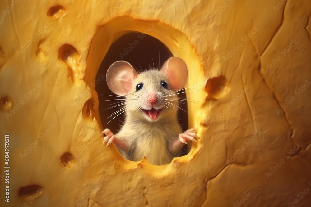 Cute little mouse in a cheese hole, yellow food background, ai ...
