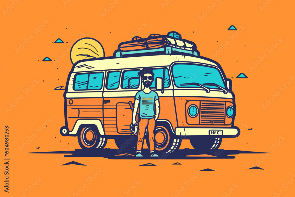 Doodle inspired Tourist at tour bus, cartoon sticker, sketch, vector ...