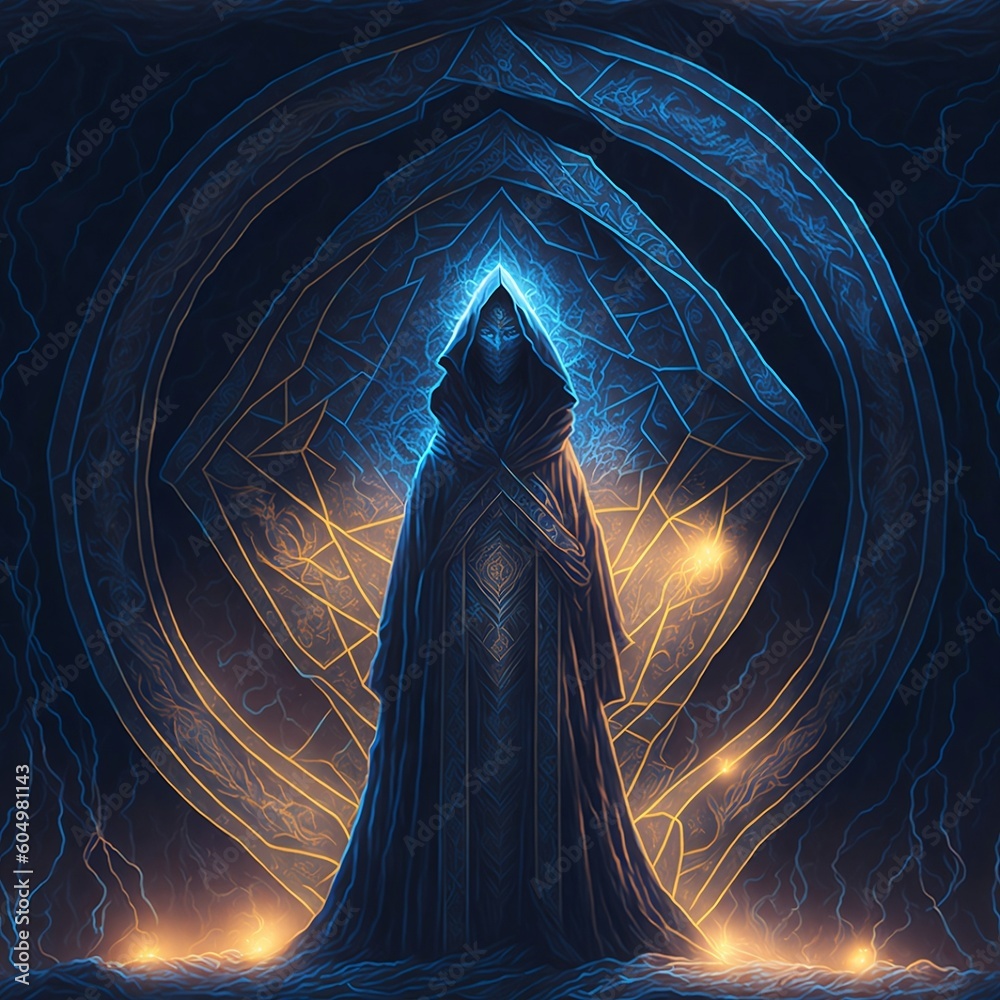 A cloaked figure with a hood and veil stands in front of a glowing ...
